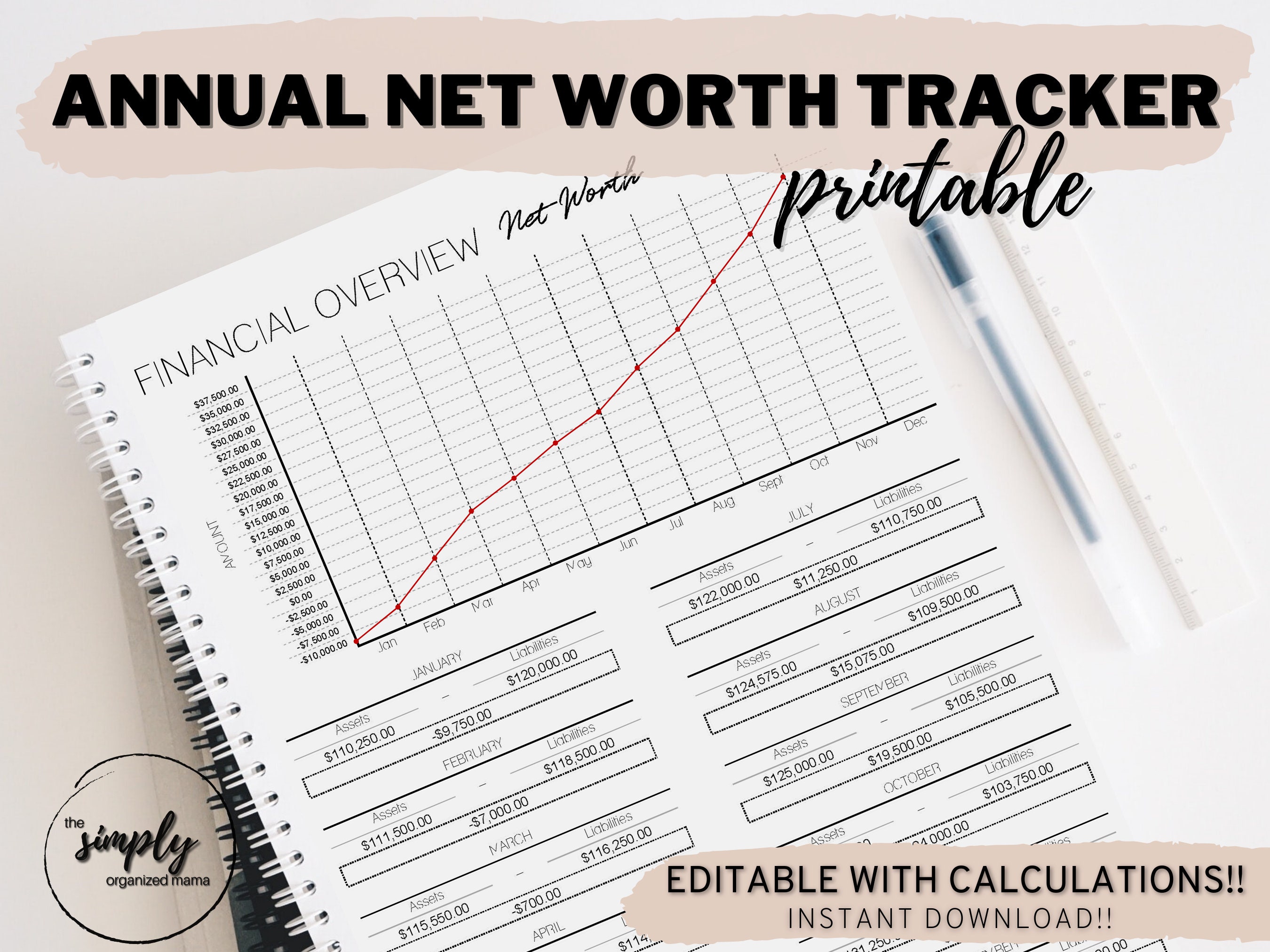 Annual Net Worth Tracker Editable Monthly Assets Tracker Monthly ...