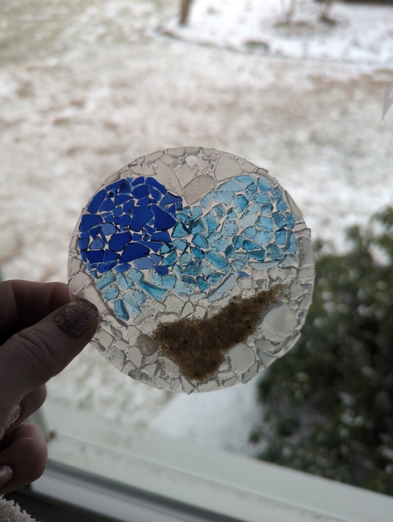 Sea Glass Art Suncatcher, 4" Beach Glass Mosaic, Ocean Heart Suncatcher ...