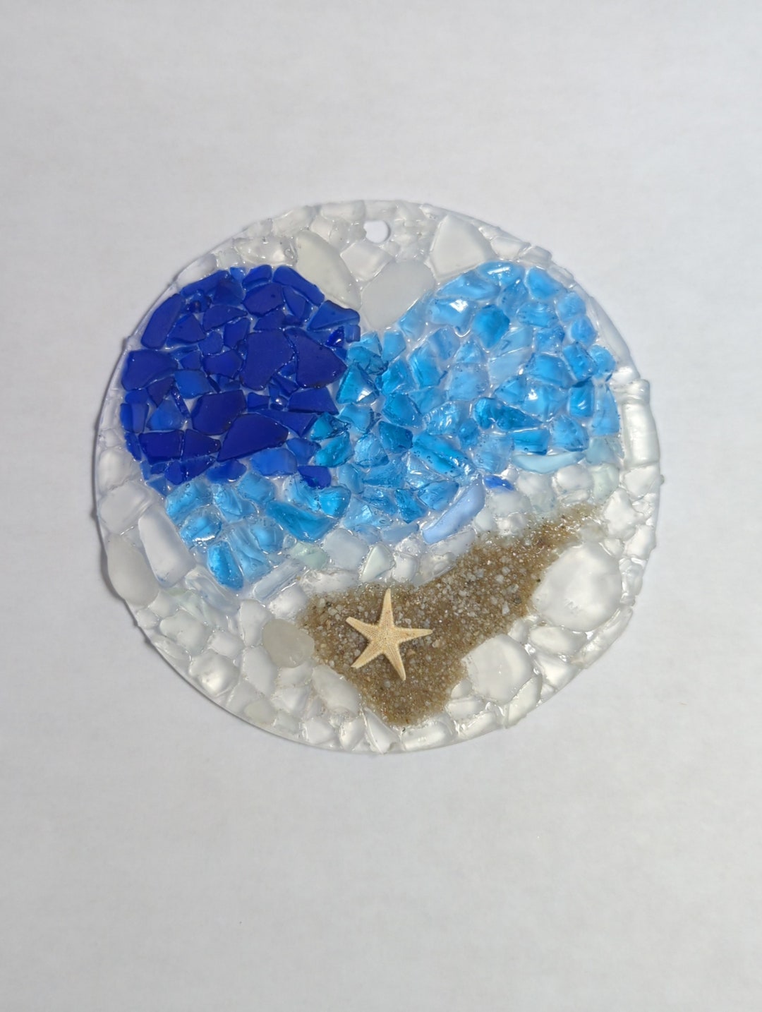 Sea Glass Art Suncatcher, 4" Beach Glass Mosaic, Ocean Heart Suncatcher ...