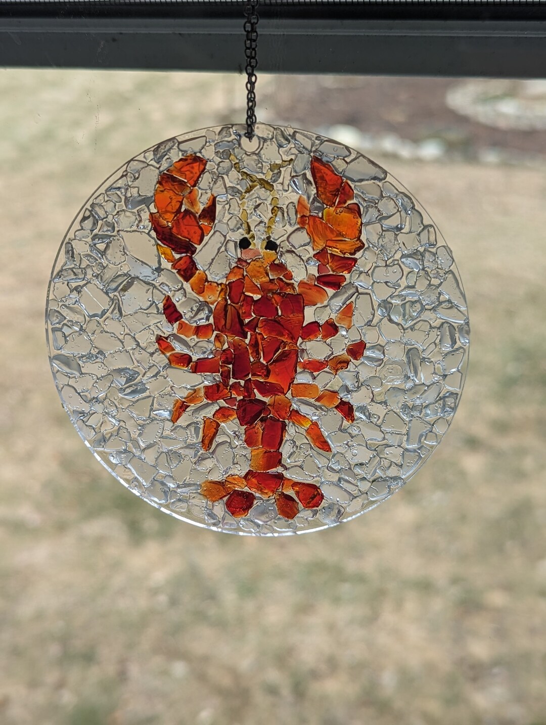 Sea Glass Art, Lobster Suncatcher, 4" Beach Glass Mosaic, Red Lobster ...