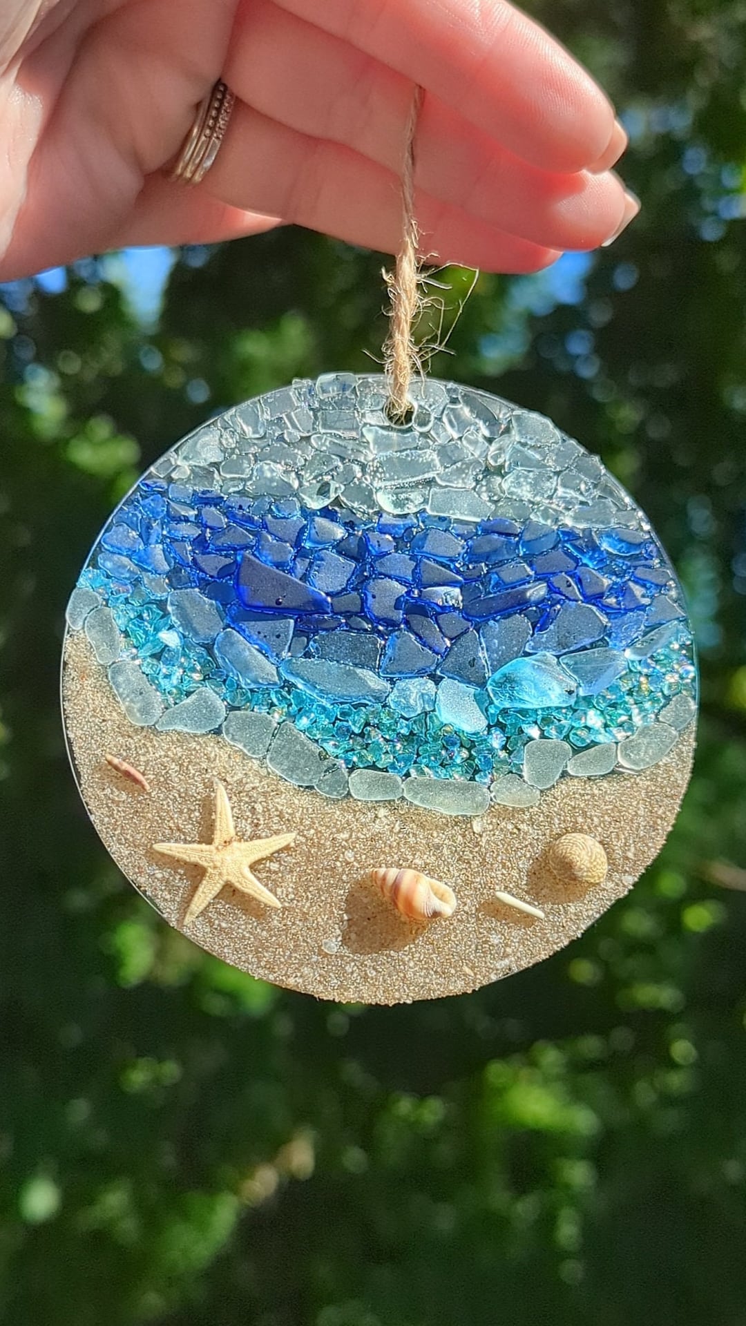 Sea Glass Art Suncatcher, Beach Scene, 4" Beach Glass Mosaic, Beach ...