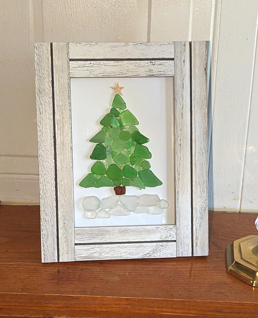 Handmade Sea Glass Christmas Tree Art, Framed Starfish Topper - Etsy