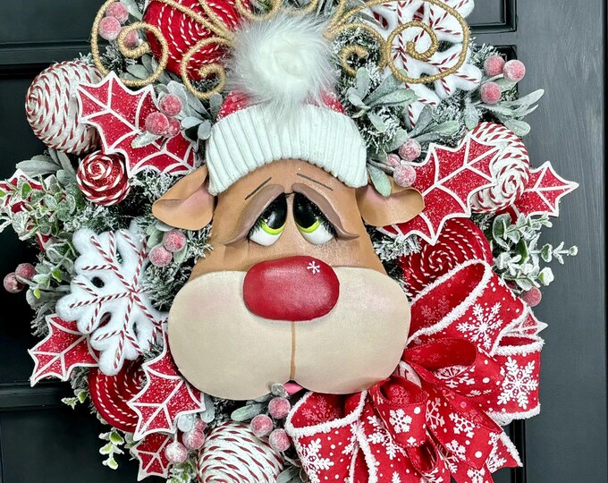 Whimsical Red & White Reindeer Christmas Wreath for Front Door Lobby - Etsy
