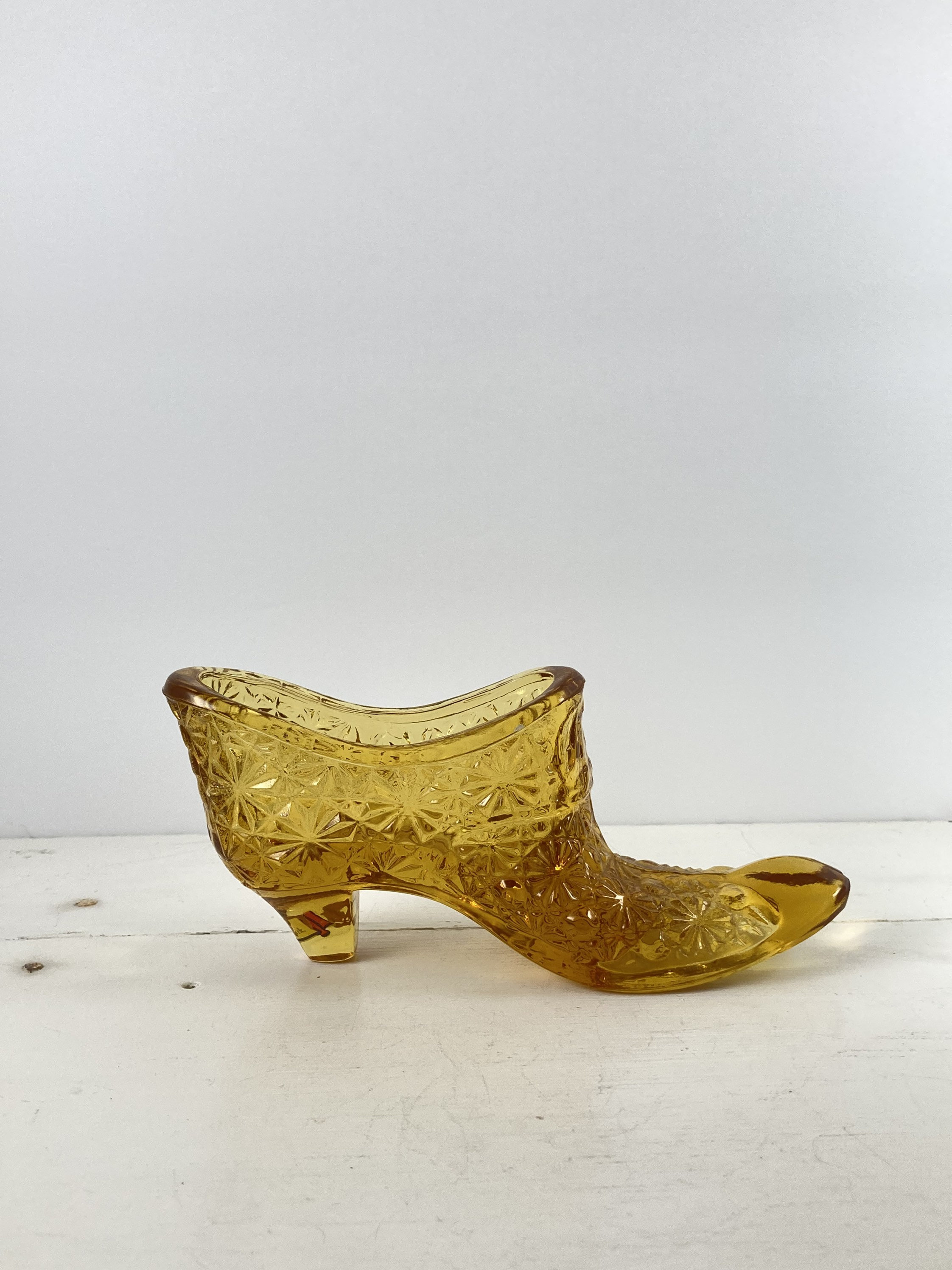 Vintage Yellow Amber Glass Shoe Decor, Clear Daisy Flower Pattern ...
