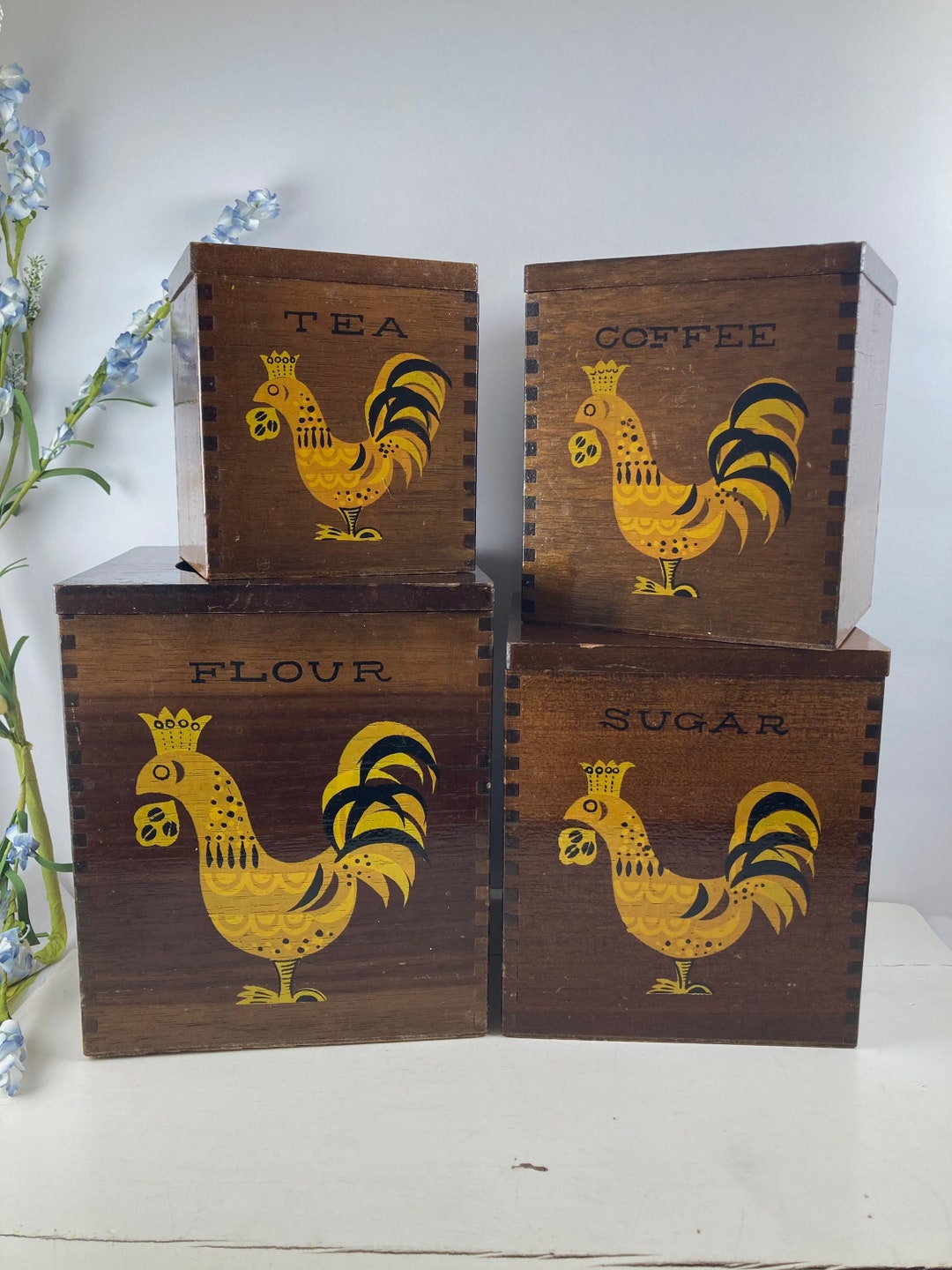 Vintage Wooden Spice Boxes, Stackable Canister Set With Lids, Yellow ...