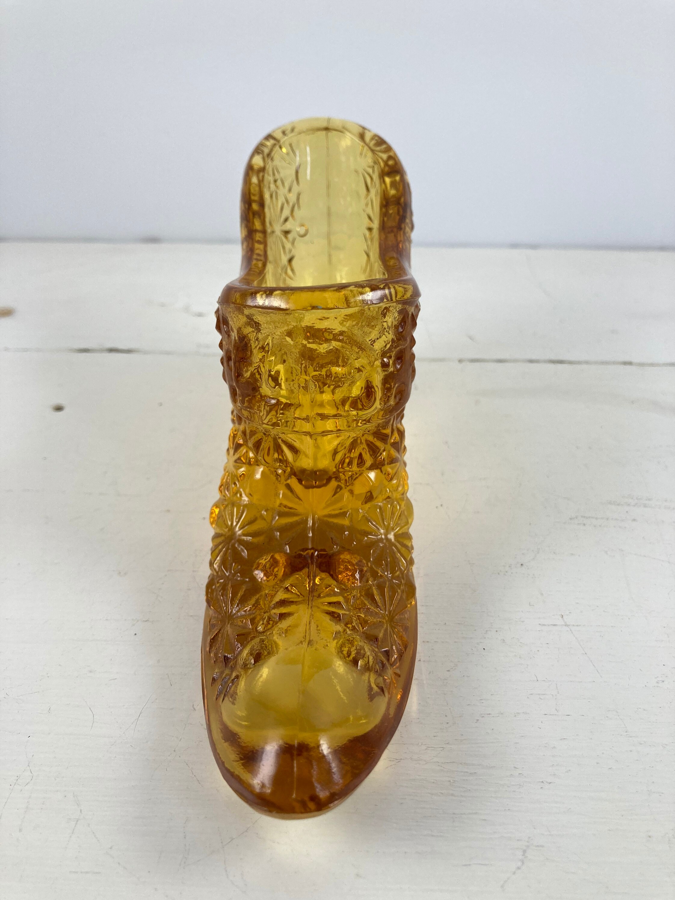 Vintage Yellow Amber Glass Shoe Decor, Clear Daisy Flower Pattern ...