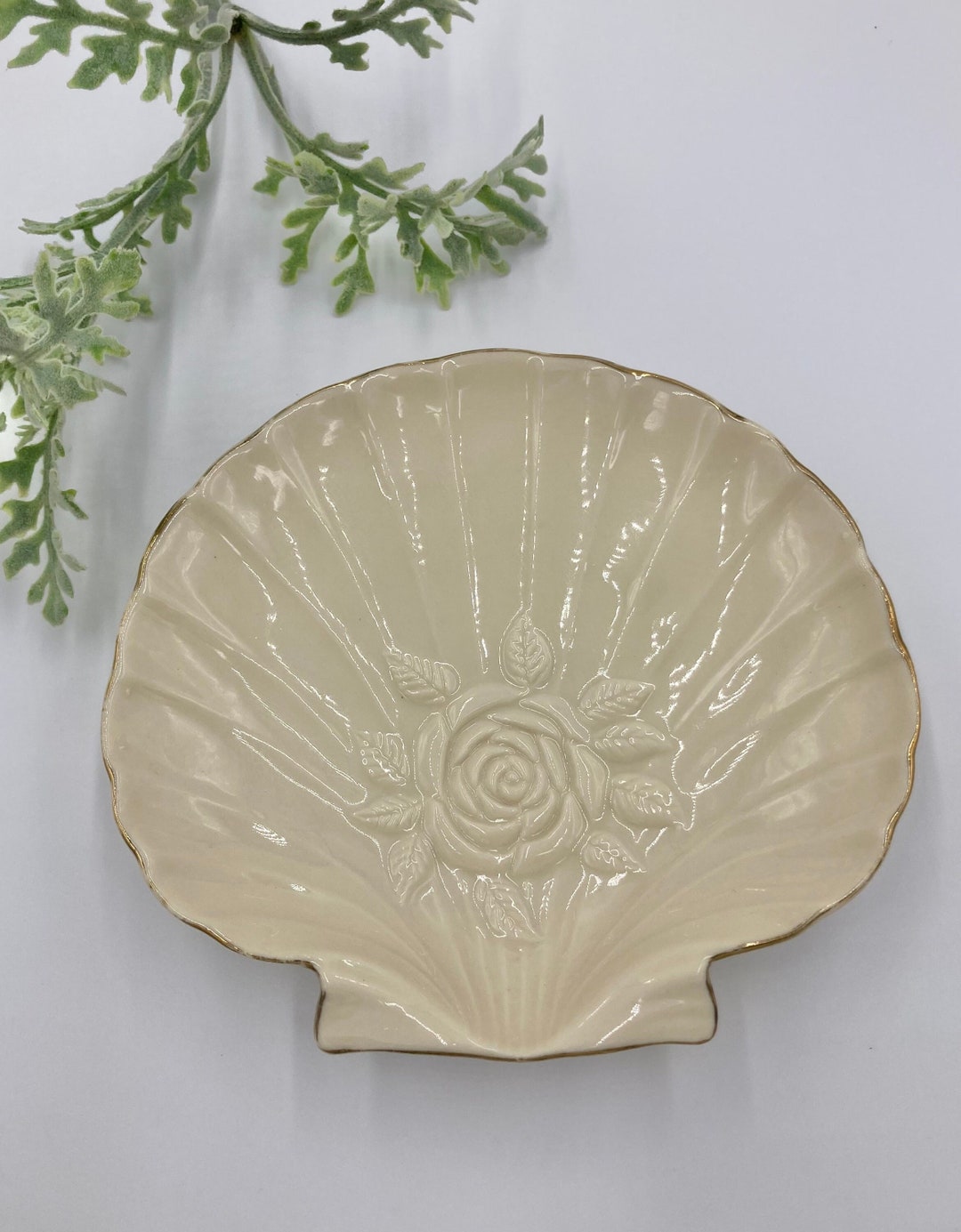 Vintage Gold Rim Shell Dish With Rose Floral, Ivory Porcelain China ...