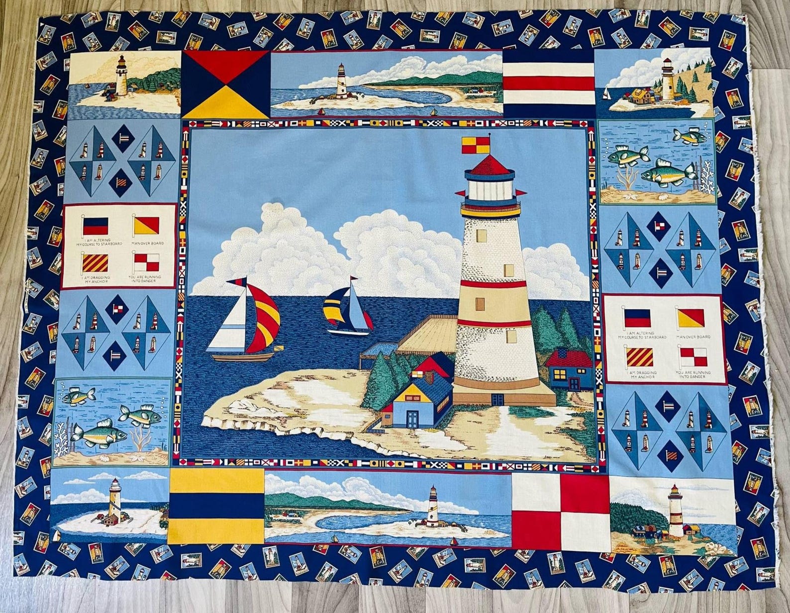 Vintage Lighthouse Nautical Ocean Sea 35" X 45" Cotton Quilting ...