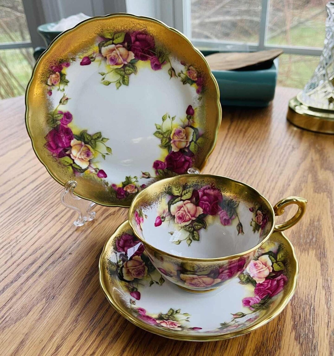 Vintage Royal Chelsea Golden Rose Tea Cup Trio – Mid-century Set With ...