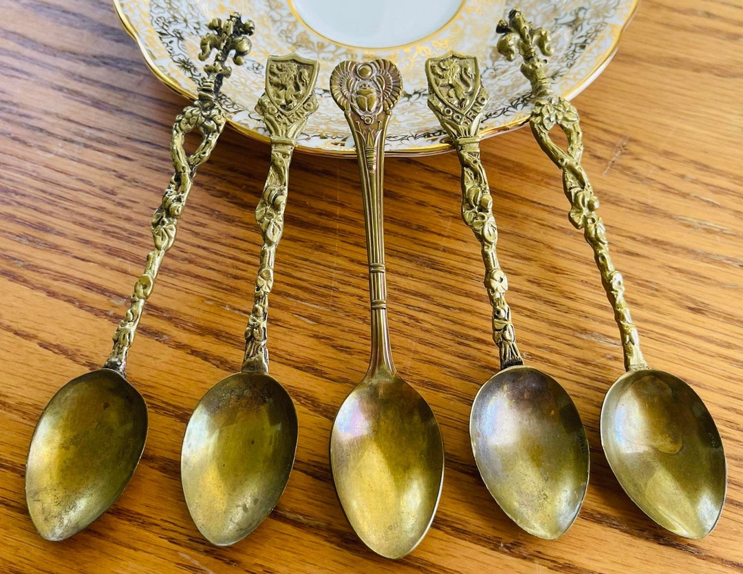 5 Vintage Antique Ornate Fancy Collectible Brass Souvenir Collectible Locarno Italy Fleur De Lis ...