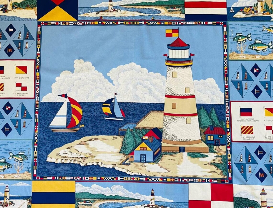Vintage Lighthouse Nautical Ocean Sea 35" X 45" Cotton Quilting ...