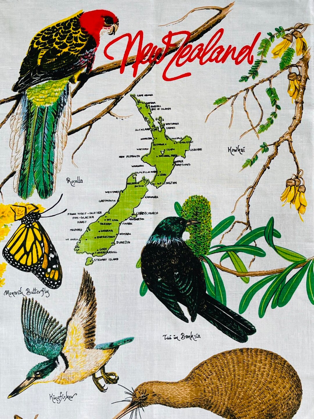 Vintage New Zealand 100% Linen Tea Towel by Derek Country Map Birds ...