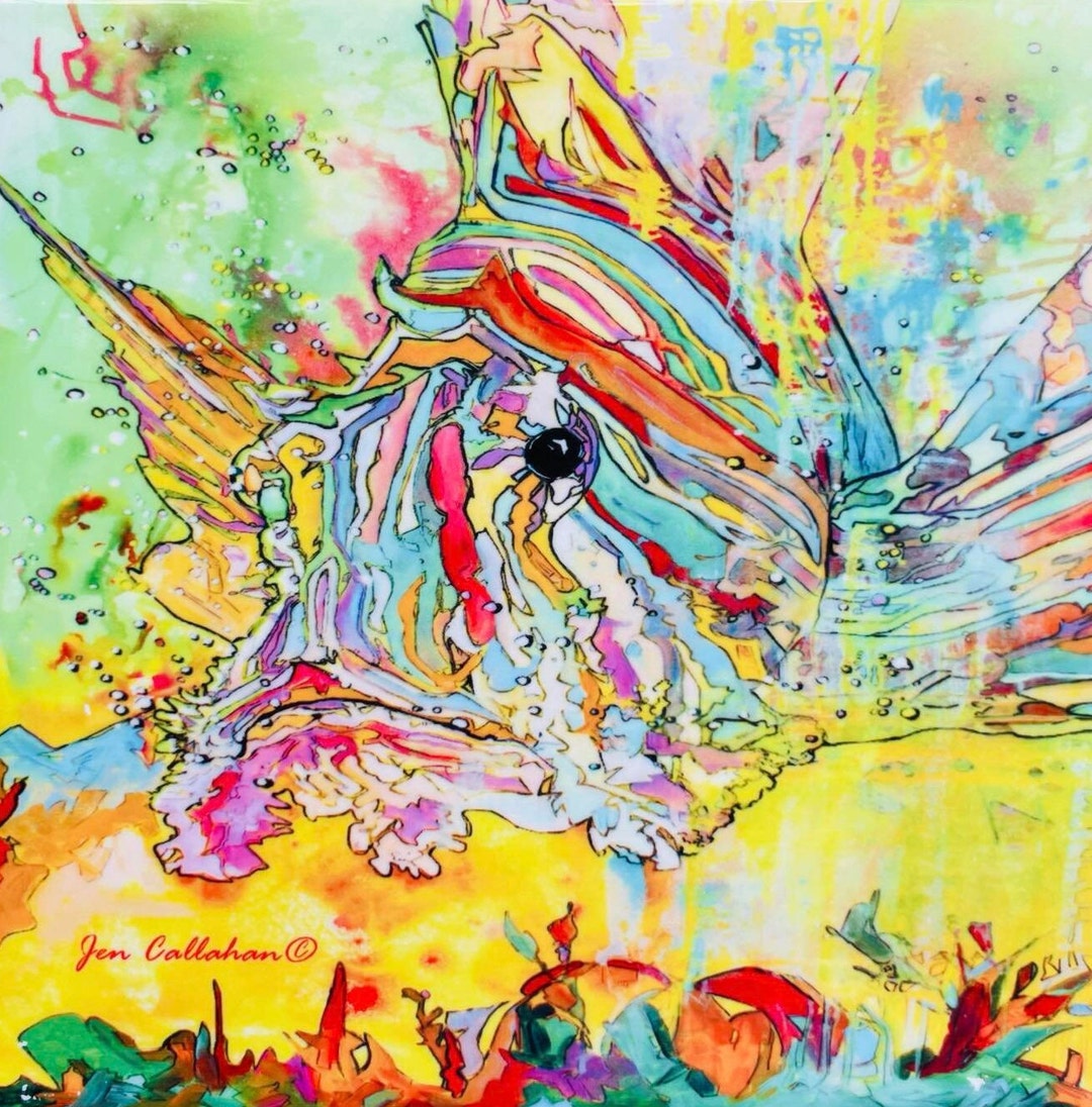Vintage Jen Callahan Vibrant Angel Fish 6" X 6" Square Glossy ...