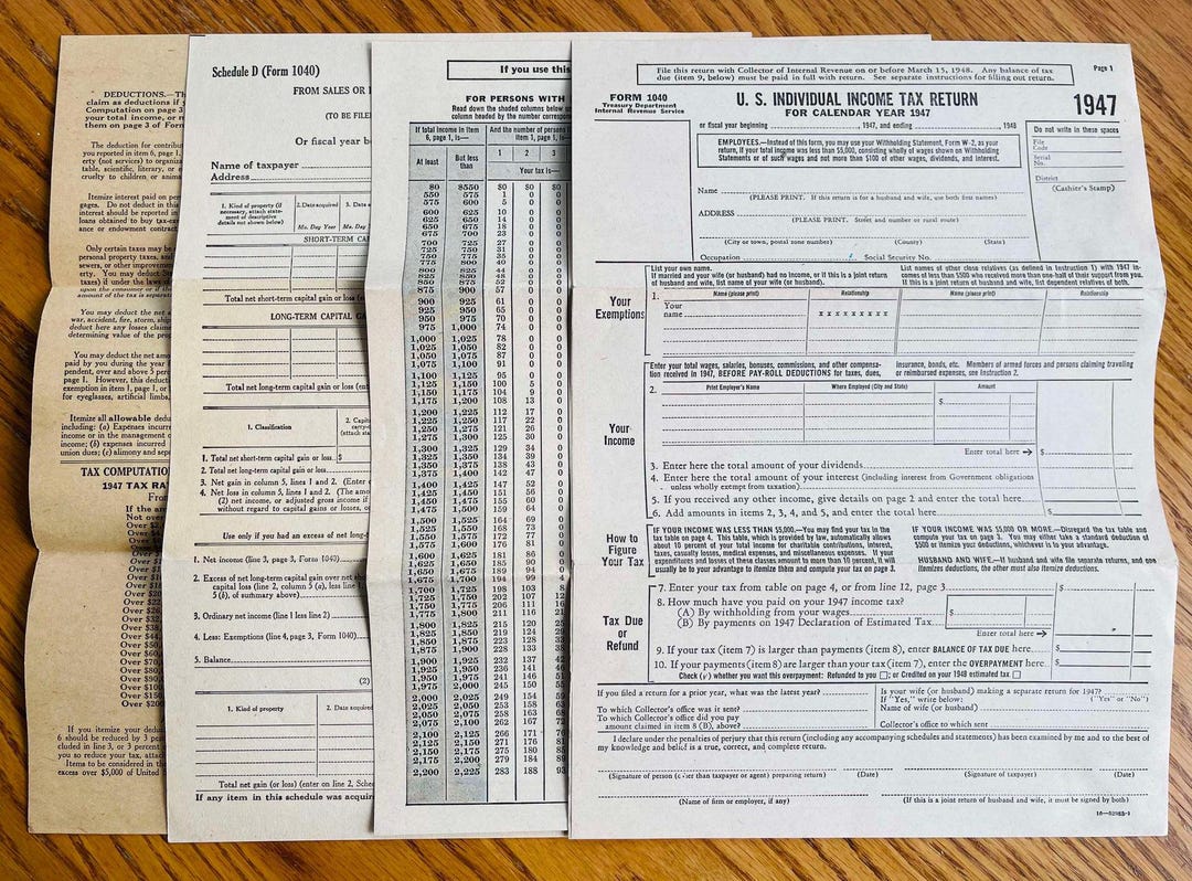 4 Vintage 1947 U. S. Individual Income Tax Return Form Instructions ...