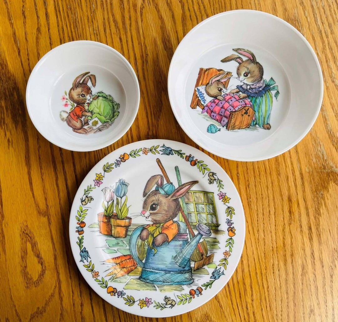 3 Pc Vintage Oneida Deluxe 3258 Children's Rabbit Bunny Plate Bowl ...