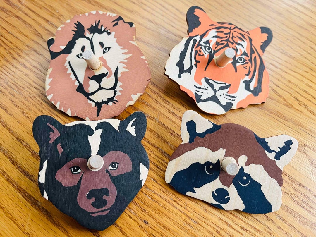 4 Vintage Wood Zoo Spinners Wooden Animal Faces Tiger Lion Bear Racoon ...