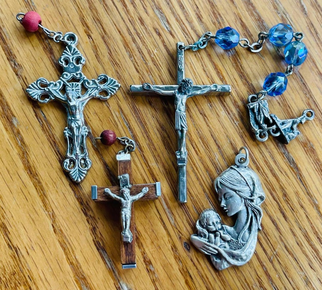 Antique Metal Crucifix & Mother Child Pendant, Vintage Italian ...