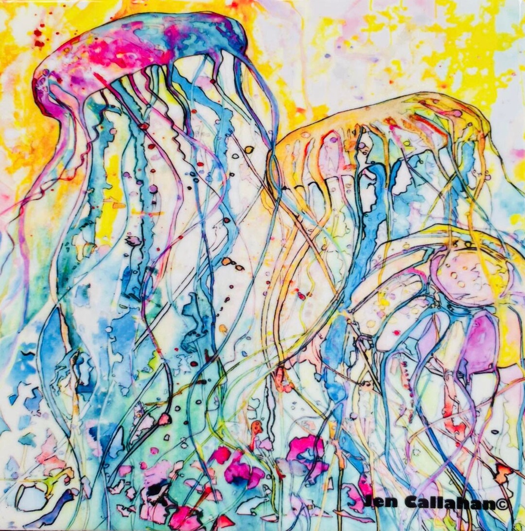 Vintage Jen Callahan Vibrant Jelly Fish 6" X 6" Square Glossy ...