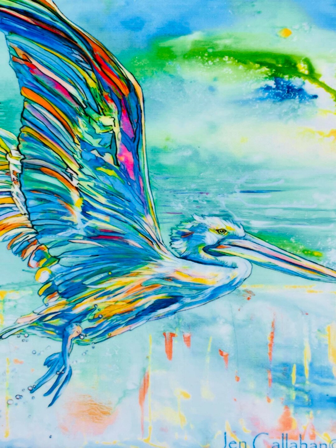 Vintage Jen Callahan Vibrant Ocean Pelican 6" X 6" Square Glossy ...