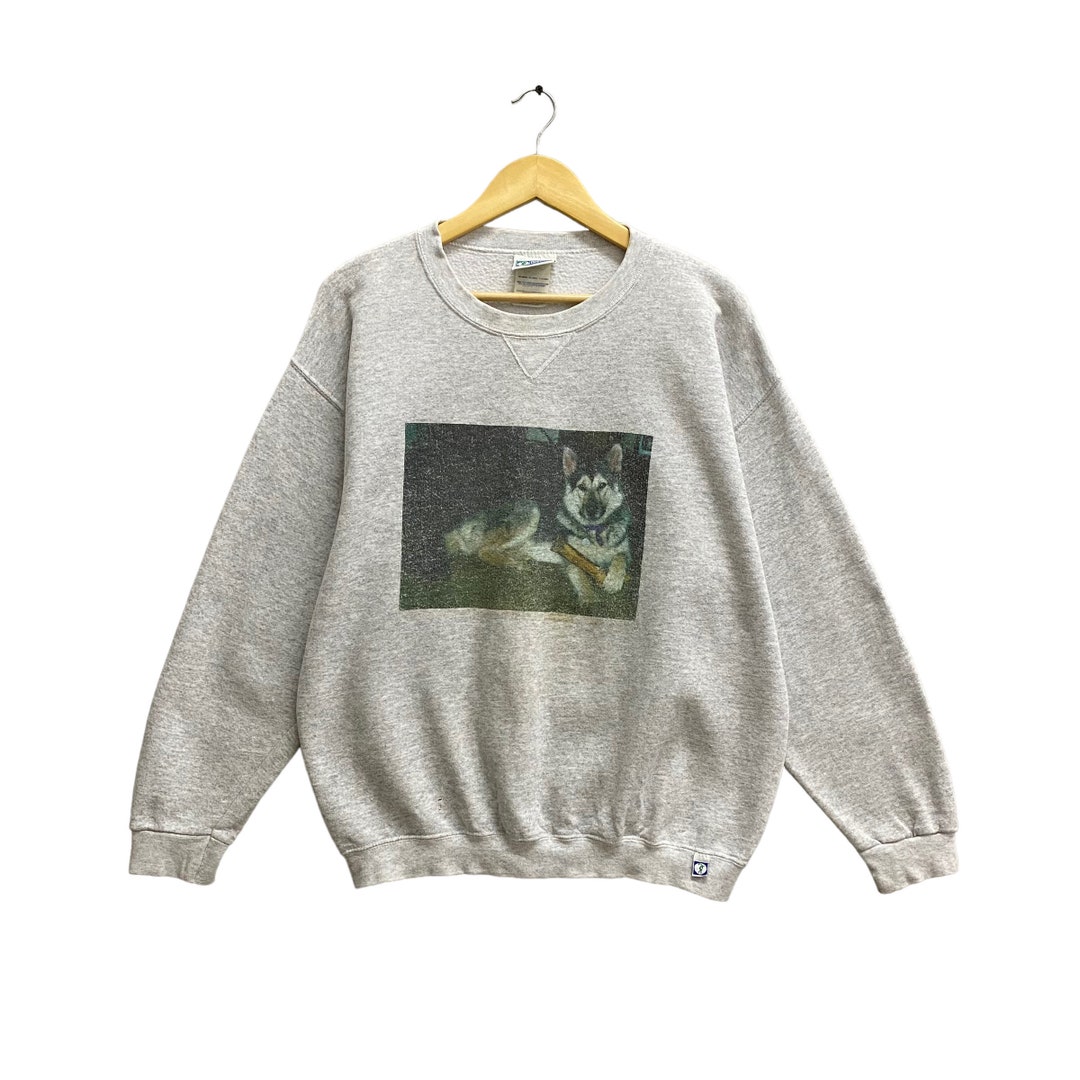 Moletom vintage cinza lobo dos anos 90 com estampa de lobo, gola ...