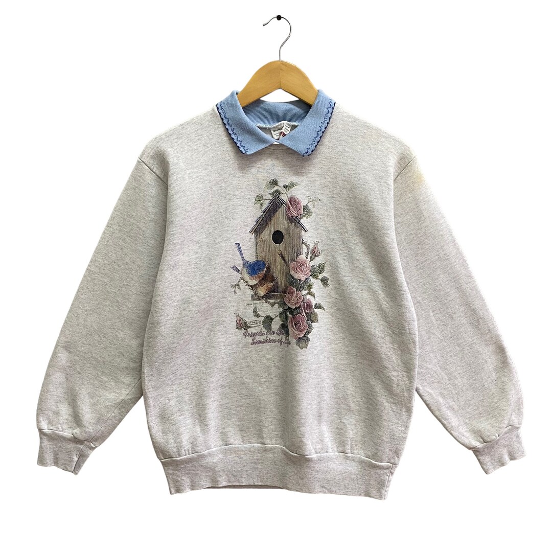 Vintage Wildlife Birds Soft Grey Collared Unisex Sweatshirt Large Bird ...