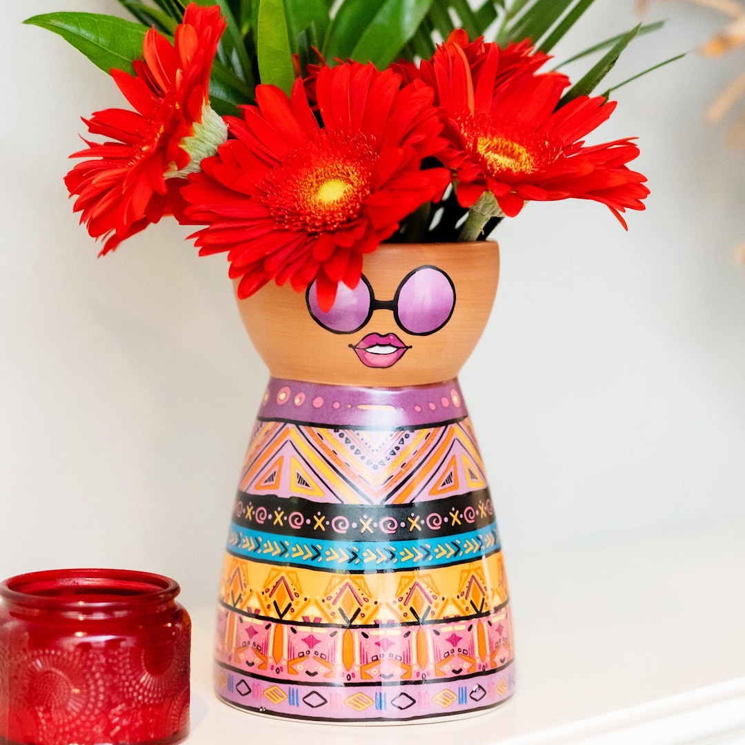 CLOSE OUT. Last Chance - Cute Face Vase for Flowers, Abstract Geometric ...