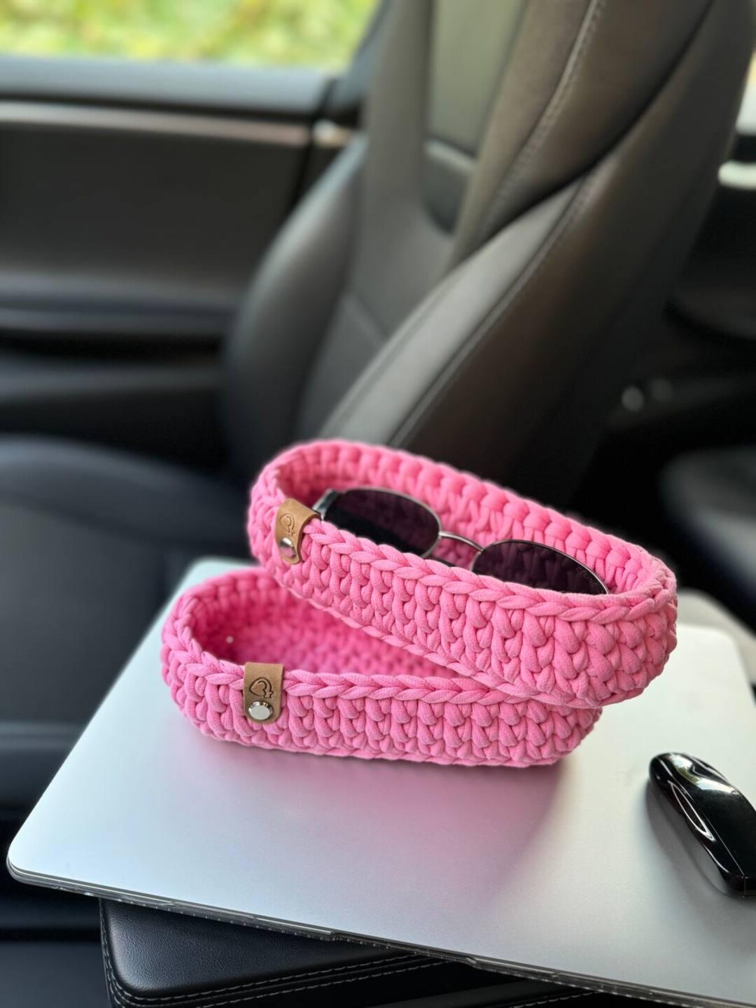 Bright Pink Crochet Eyeglass Caddy, Car Accessories for Women, Auto Key ...