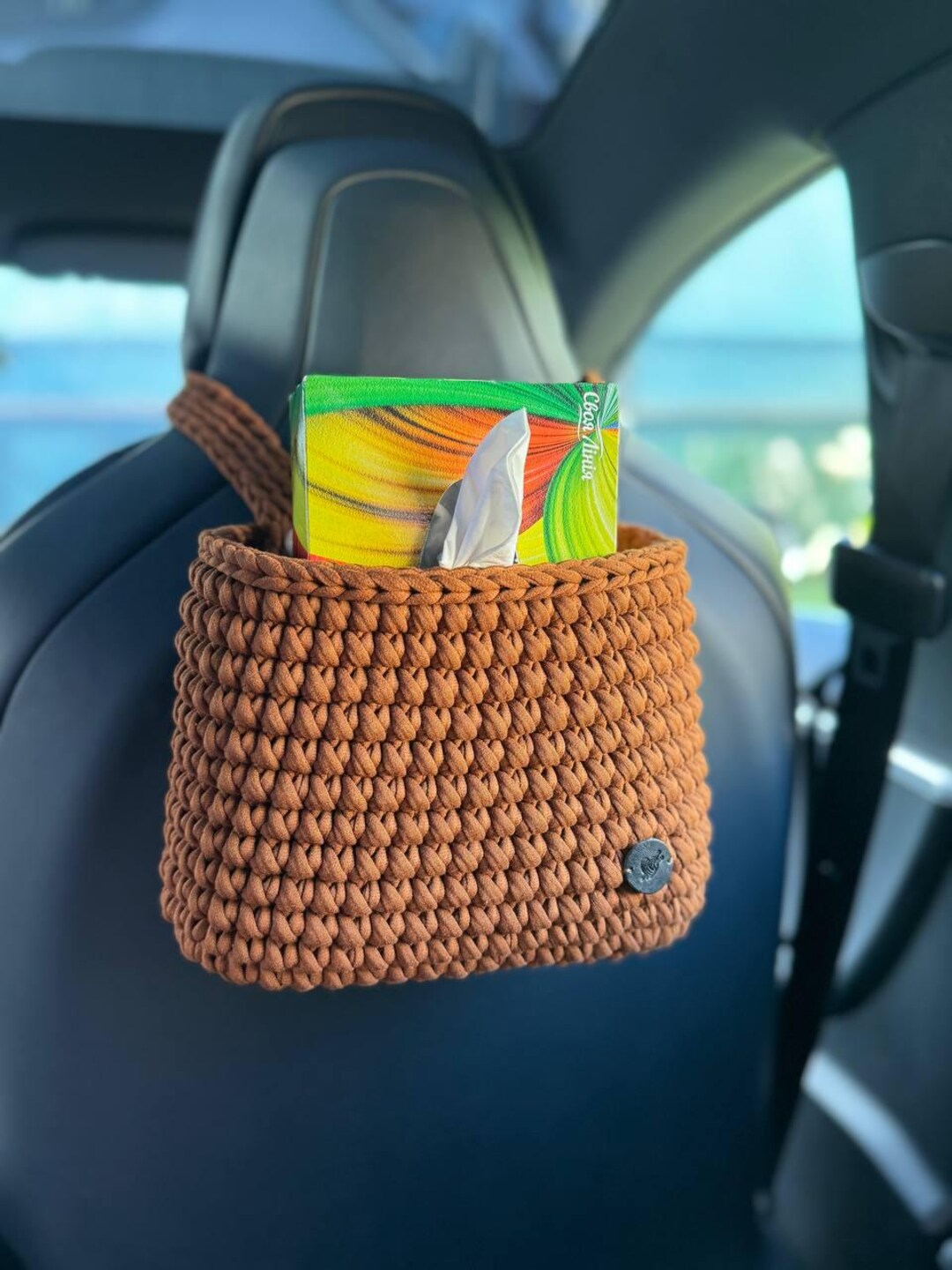 Handmade Crochet Basket, Car Seat Bag, Car Trash Can, Auto Decor, Car ...
