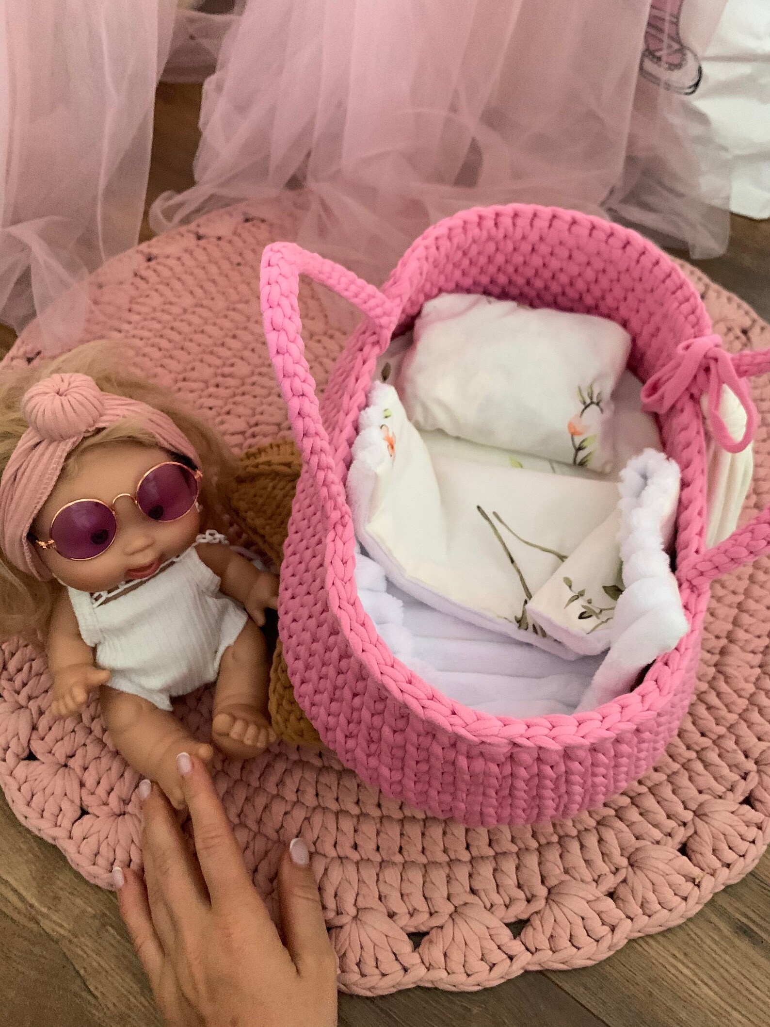 Pink reborn bed with linens doll moses basket doll cradle | Etsy