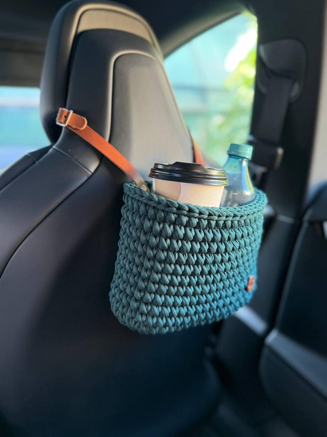Crochet Car Basket With Leather Strap, Car Accessroes for Women, Cute ...