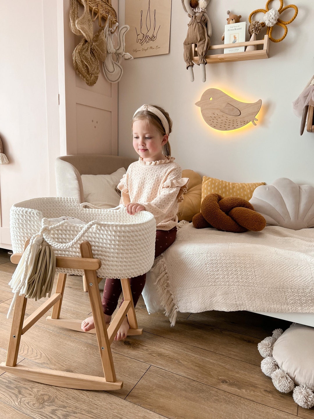 Handmade Doll Cradle With Bedding, Moses Doll Basket, Pretend Play ...