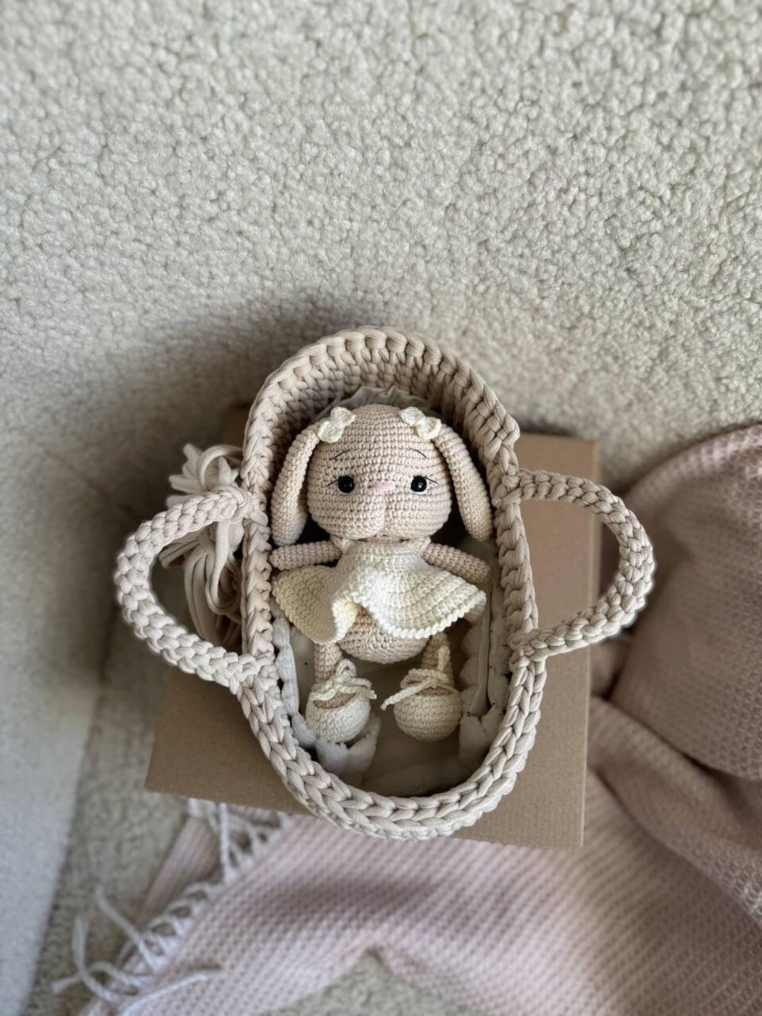 Cute Knitted Bunny With Mini Crochet Cradle, Boho Woven Rabbit ...