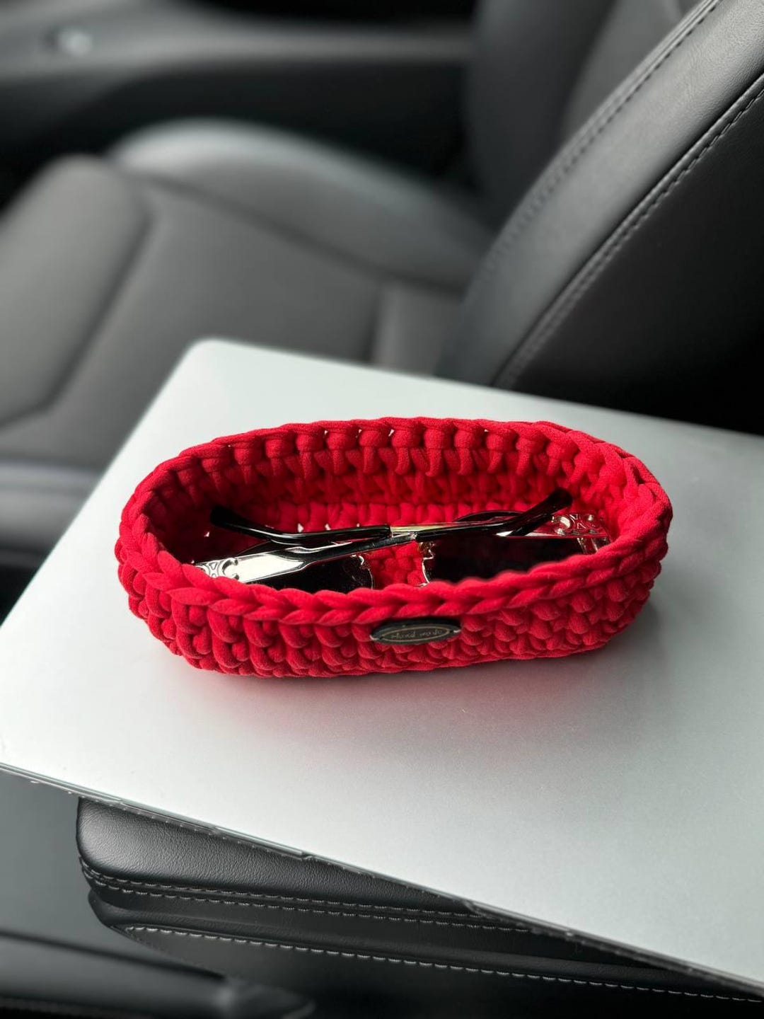 Red Crochet Eyeglass Tray, Auto Key Organizer, Small Storage Holder ...