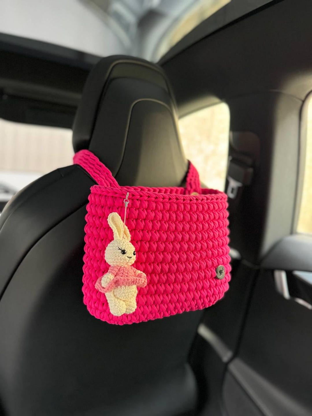 Pink Crochet Car Basket, Car Garbage Can, Handmade Organizer, Woven ...