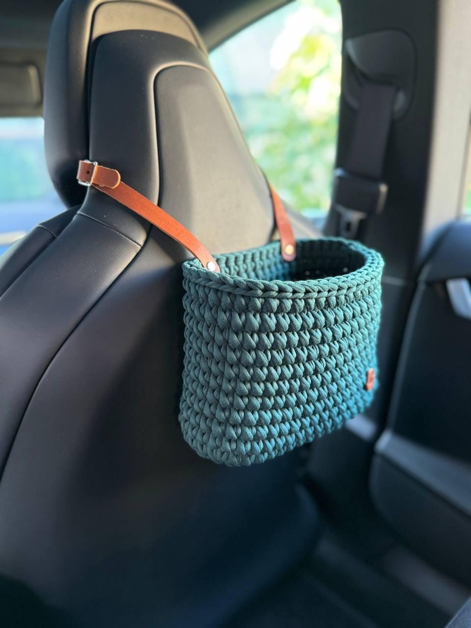 Crochet Car Basket With Leather Strap, Car Accessroes for Women, Cute ...