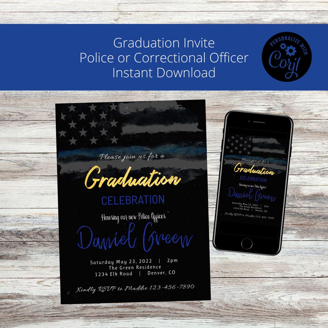 Police Officer Graduation Invitation With Blue Stripe Flag. Formal ...