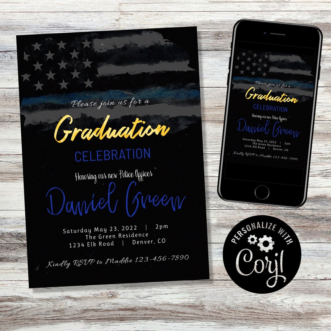 Police Officer Graduation Invitation With Blue Stripe Flag. - Etsy