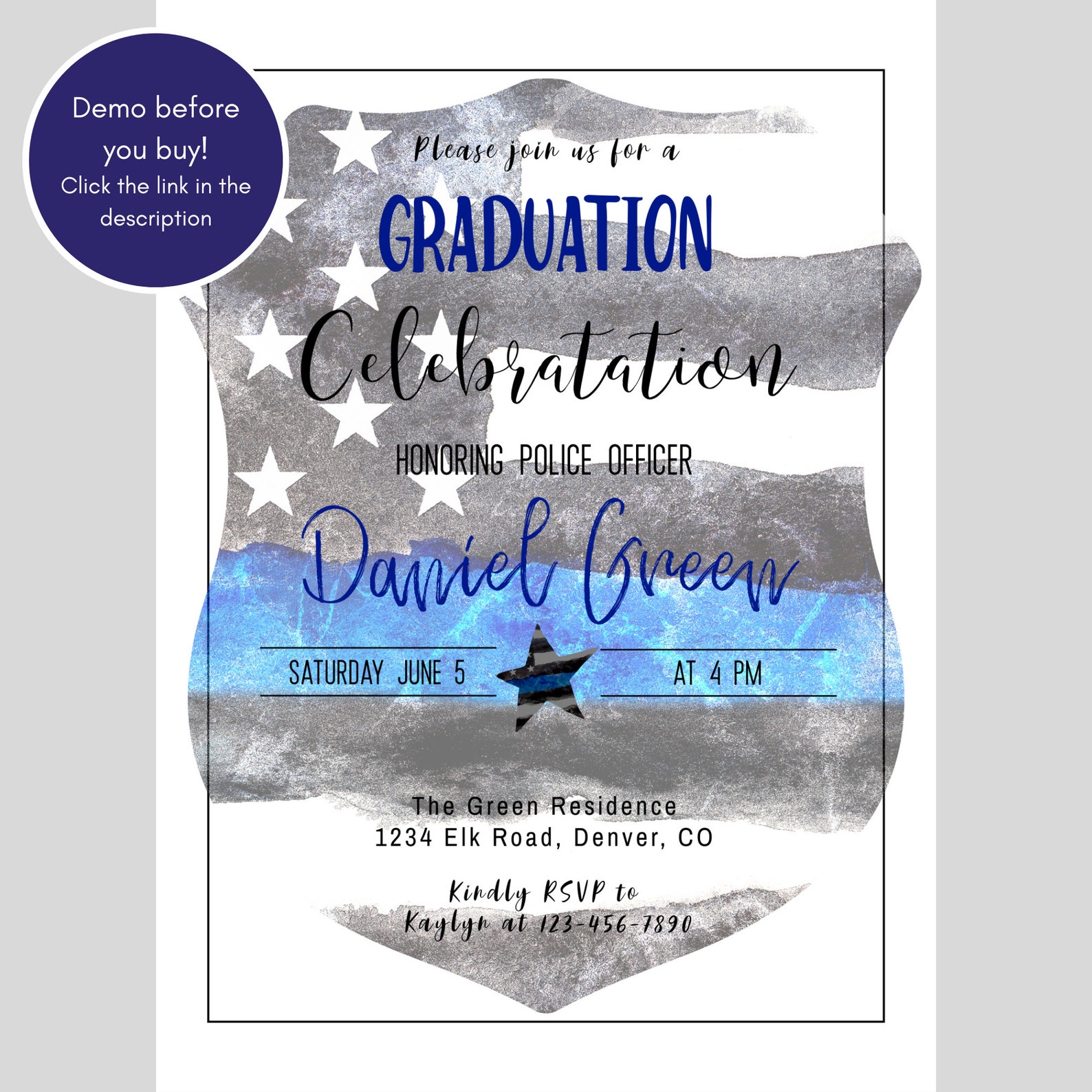 Police Officer Graduation Invitation Template | Celebration | Badge and ...