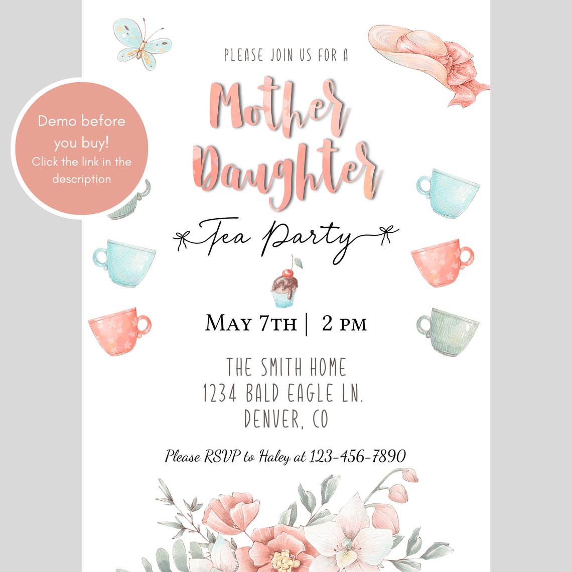 Mother Daughter Tea Party Invitation Template | Mother's Day | Pastel ...