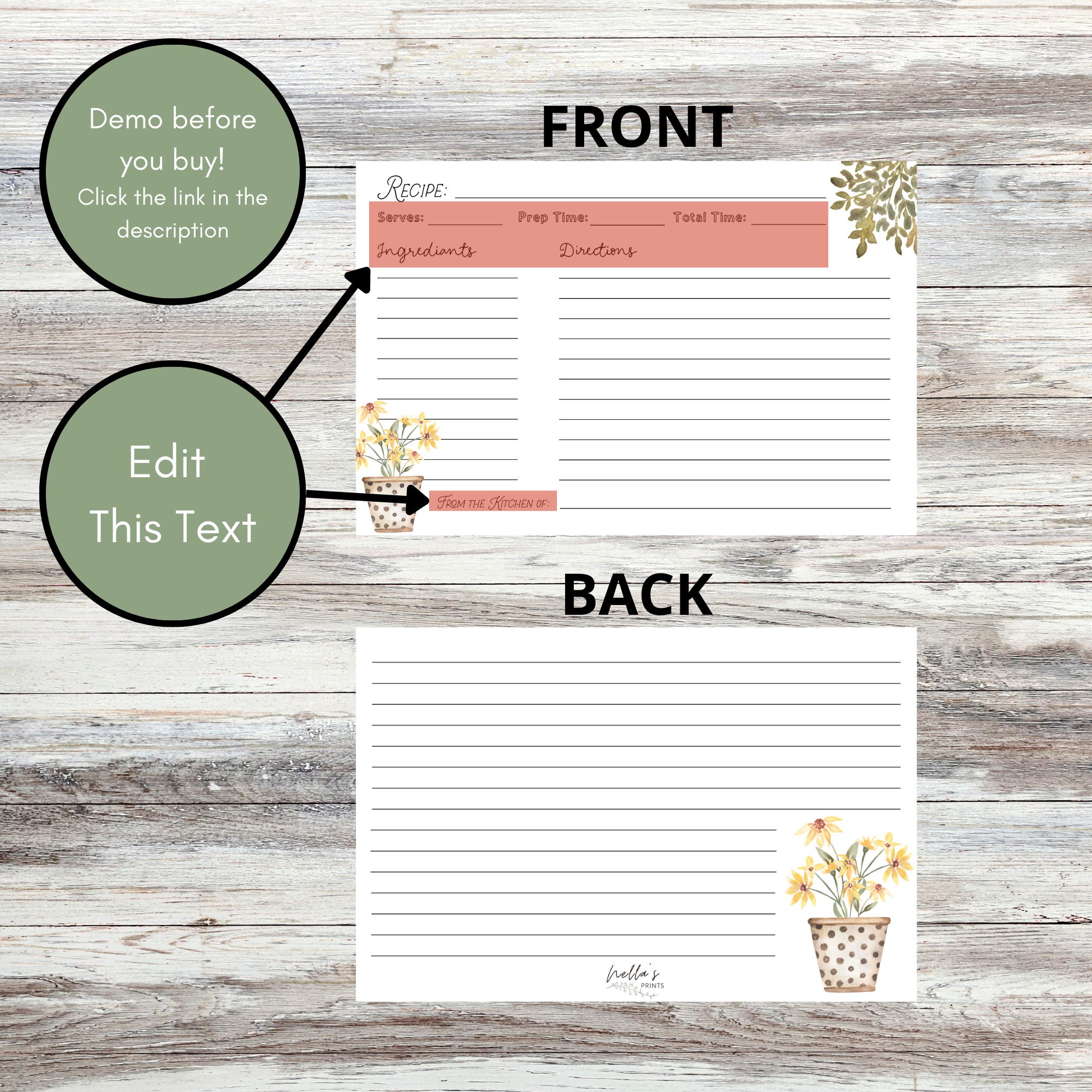 Editable Recipe Card Summer Floral Theme Recipes Card Insert Bridal ...