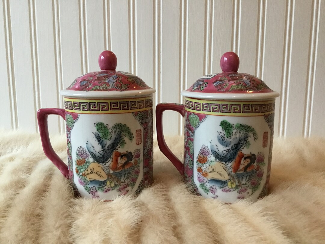 Lovely Pair Mun Shou Asian Lidded Mugs, Hand Painted With Geishas ...
