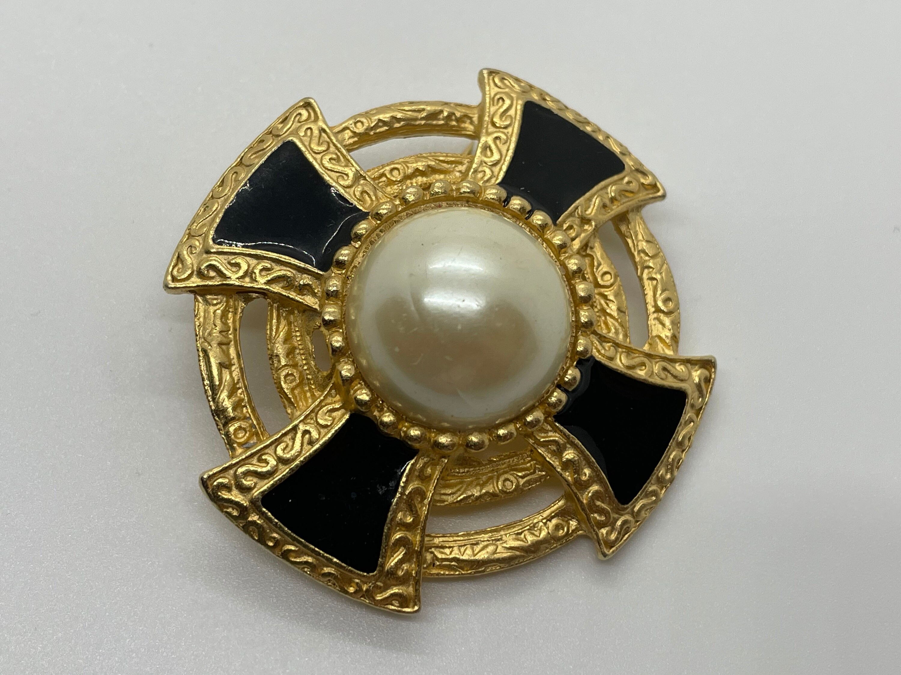 Gold Maltese Cross Brooch Pin With Black Enamel Baroque Pearl | Etsy