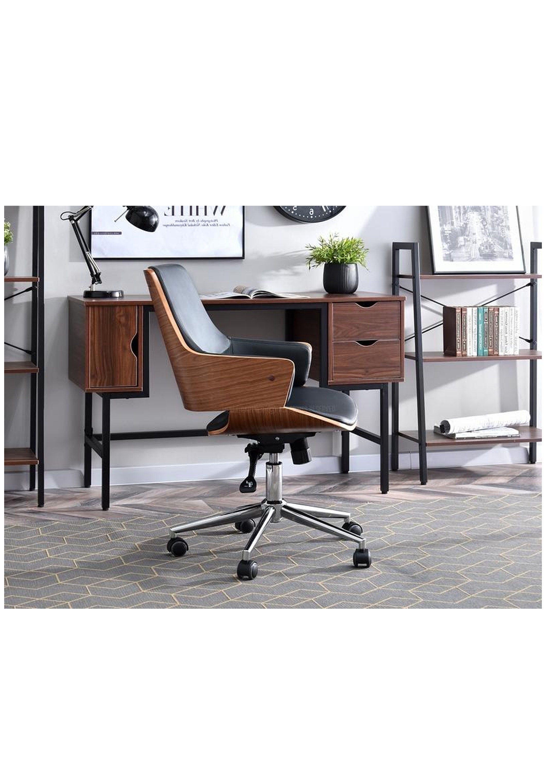 NEW Retro Scandi Designer Office Desk Executive Swivel Chair in Black and Walnut Wood Etsy