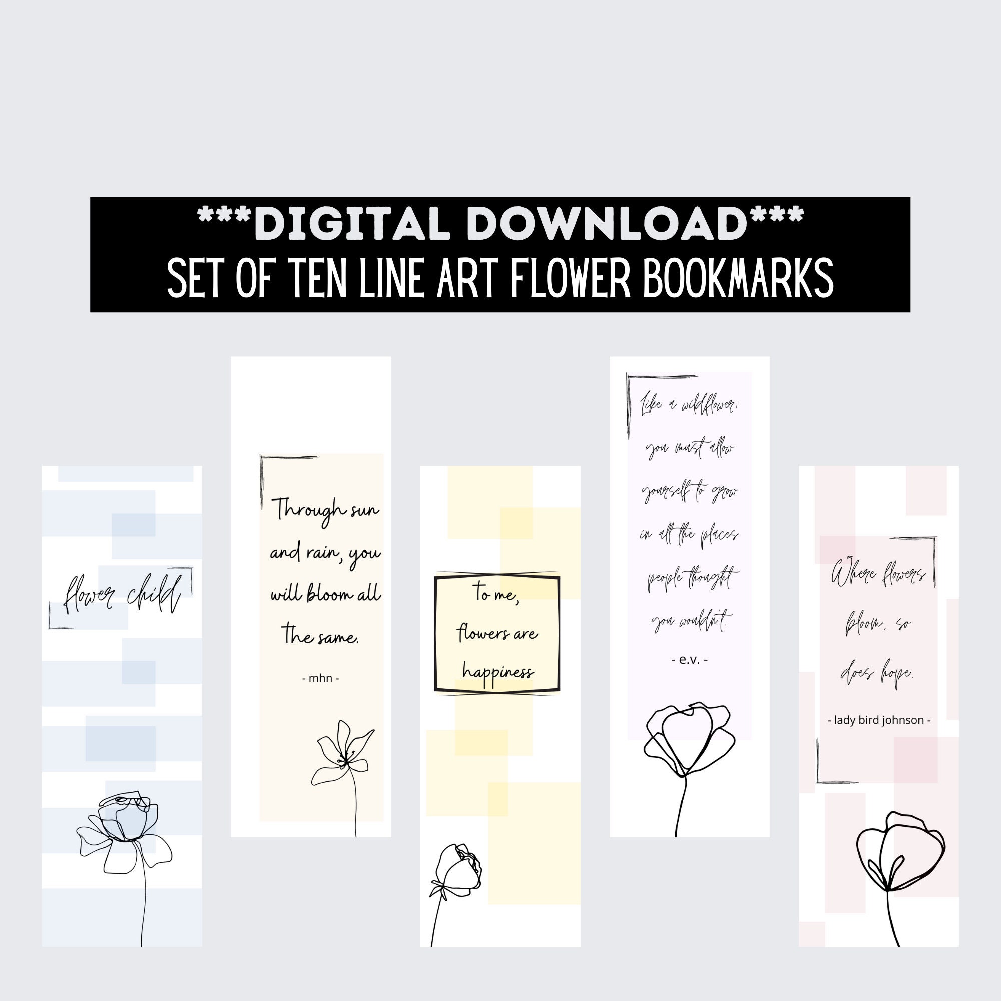Printable Line Art Flower Bookmarks, Digital Download - Etsy