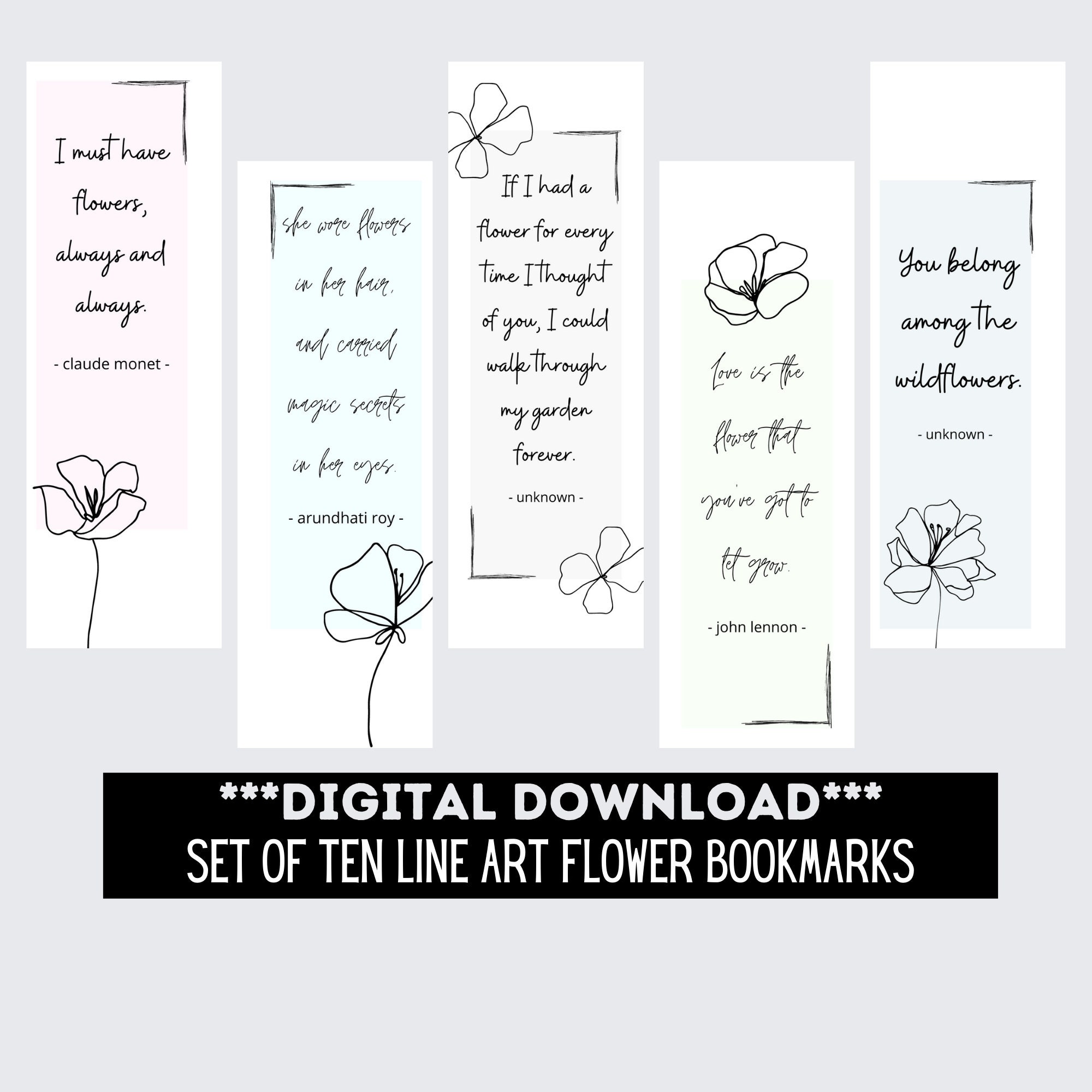 Printable Line Art Flower Bookmarks, Digital Download - Etsy