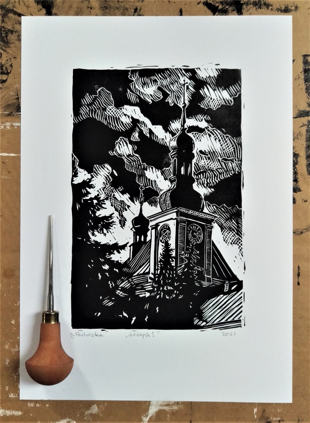 Church Clock Tower, Lino Print, Relief Art Print - Etsy