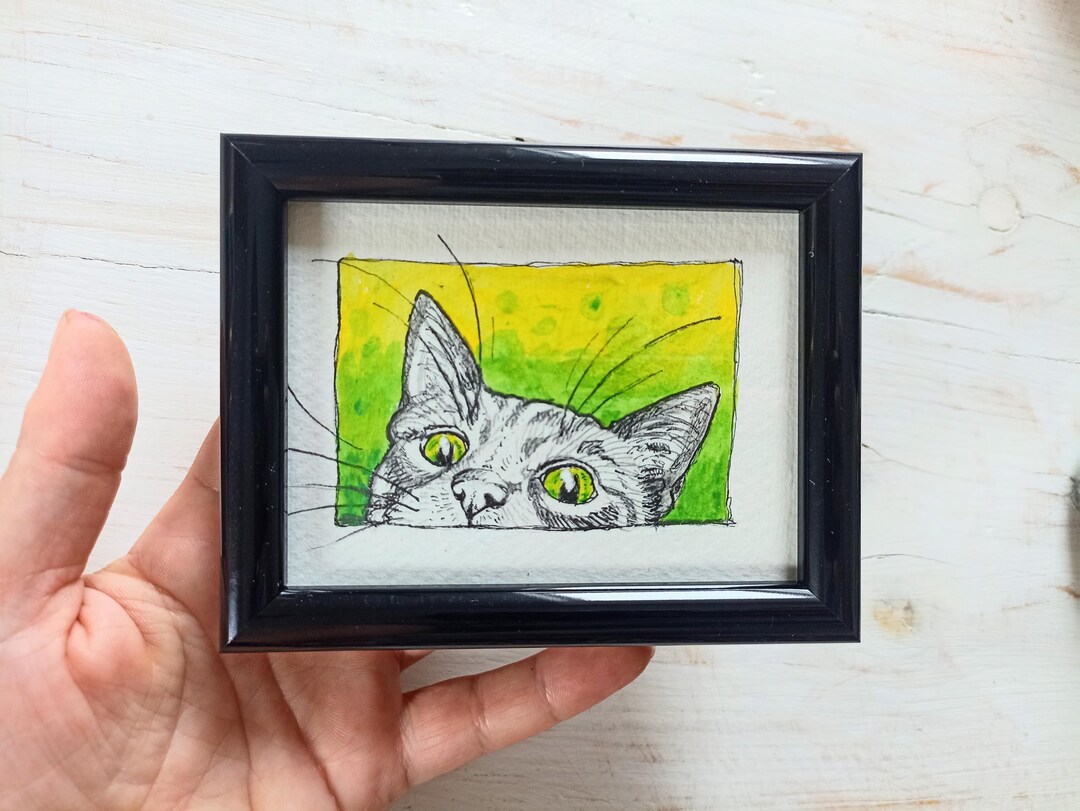 Original Drawing of Curious Cat, Green-eyed Tabby Cat Portrait ...