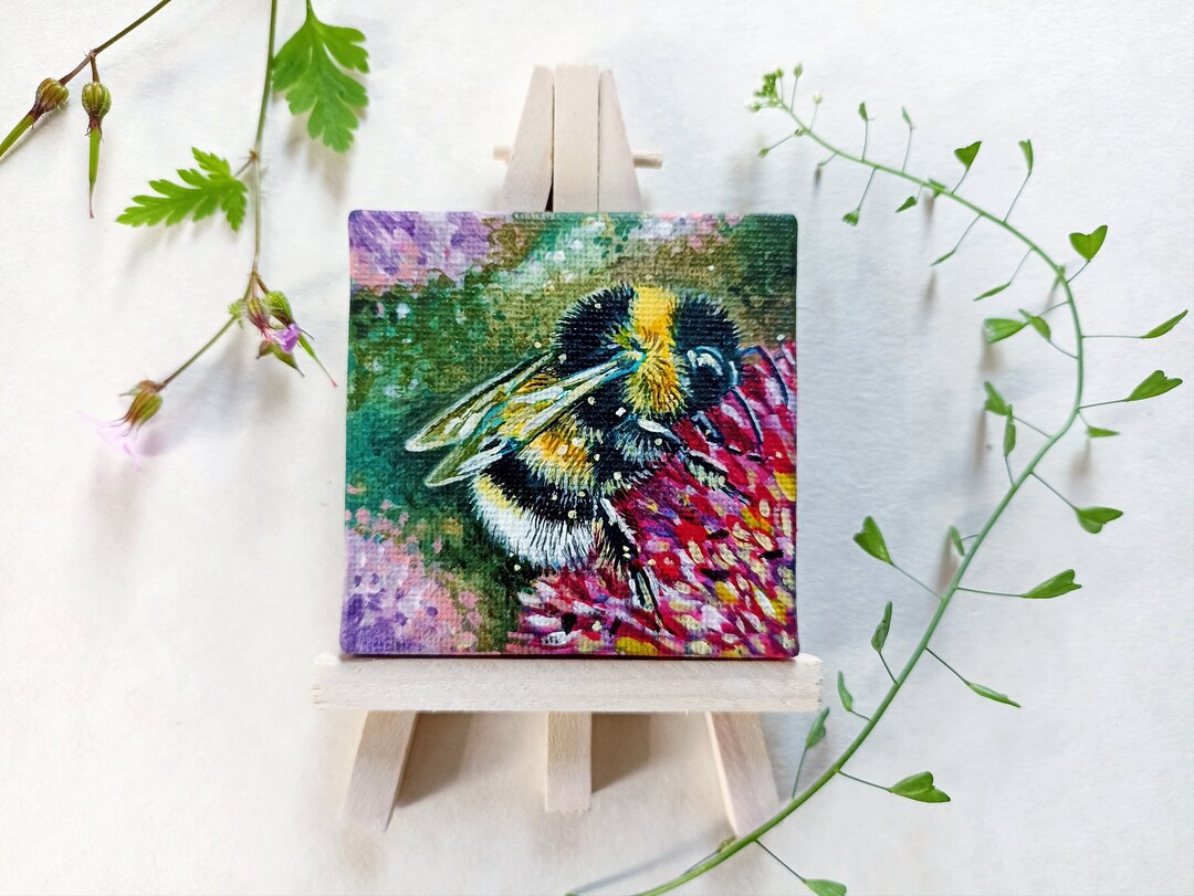Bumblebee, Miniature Acrylic Painting on Canvas, Set With Easel - Etsy