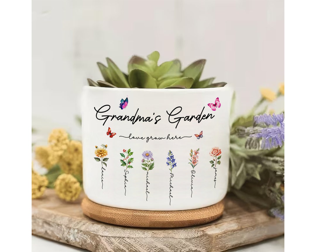 Custom Birth Month Flowers Mini Plant Pot, Grandma and Grandkids Flower ...