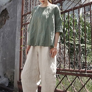 Women's Linen Tops Casual Linen Shirts Loose Half Sleeves Tops Spring ...